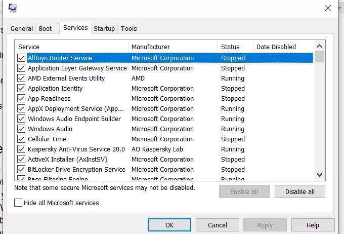 Guia de serviços sem resposta do Windows