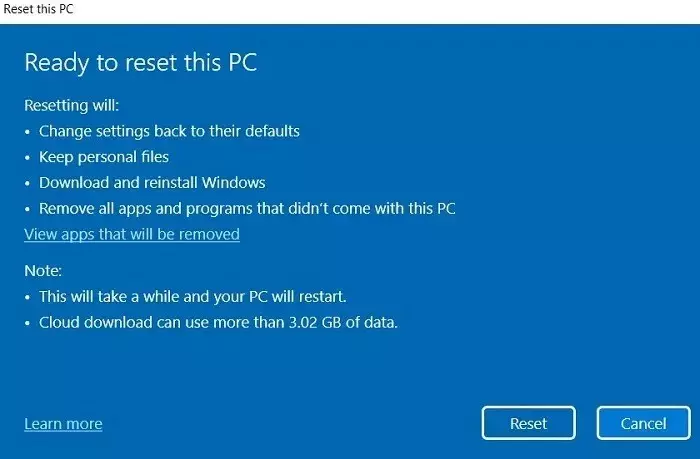 Kritiskais process nomira Windows11 ir gatavs atiestatīšanai