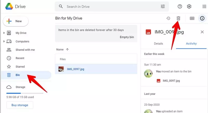 Google Drive Ջնջել ֆայլը աղբարկղից