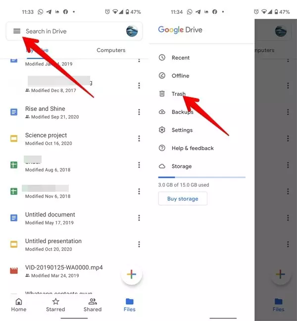 Google Drive သည် အမှိုက်ပုံးမိုဘိုင်းမှ ဖိုင်များကို ဖျက်ပါ။