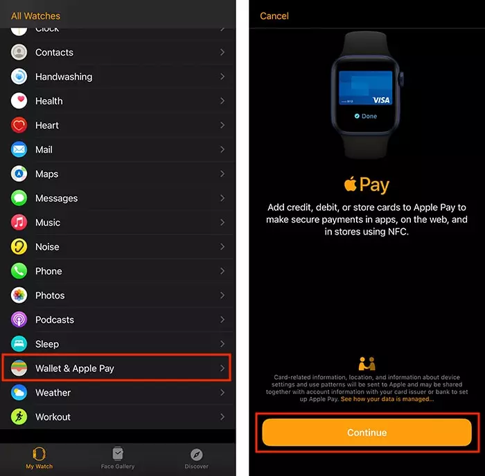 Կարգավորեք Apple Pay Watch-ի ներածական էկրանը