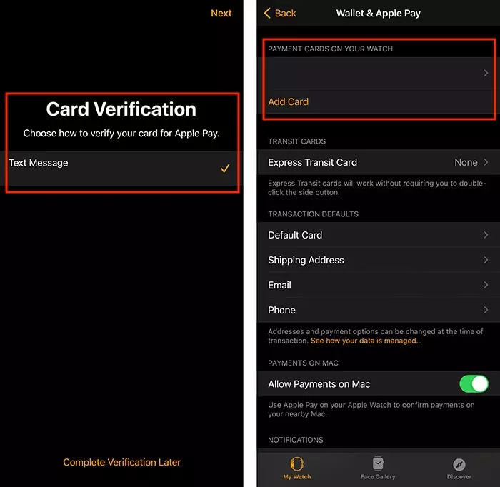 Կարգավորեք Apple Pay Card Verification Apple Watch-ը