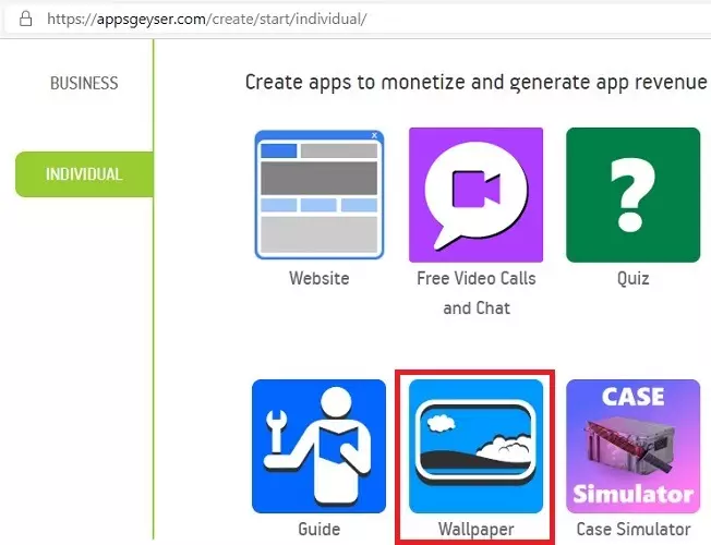 Appsgeyser برنامه ها را انتخاب کنید