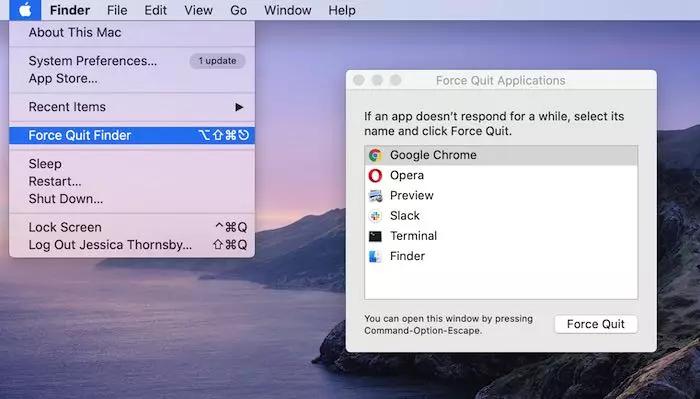 Podes pechar unha aplicación coa forza do menú Forzar a saída de macOS.