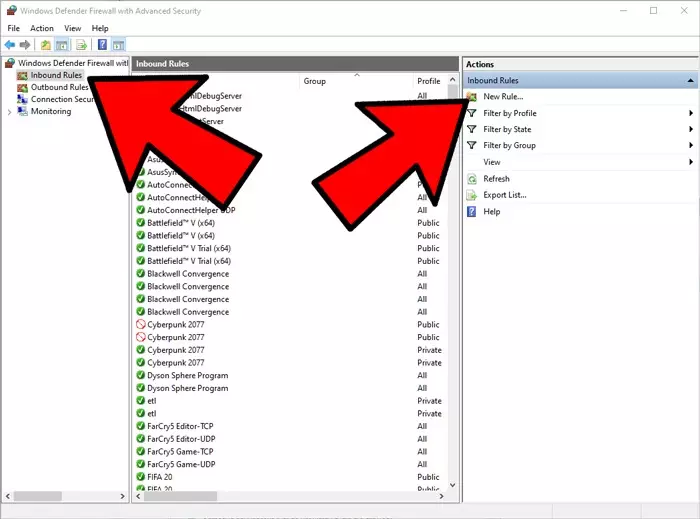 Cwangcisa iMithetho eNgaphakathi ye-Windows Defender Firewall