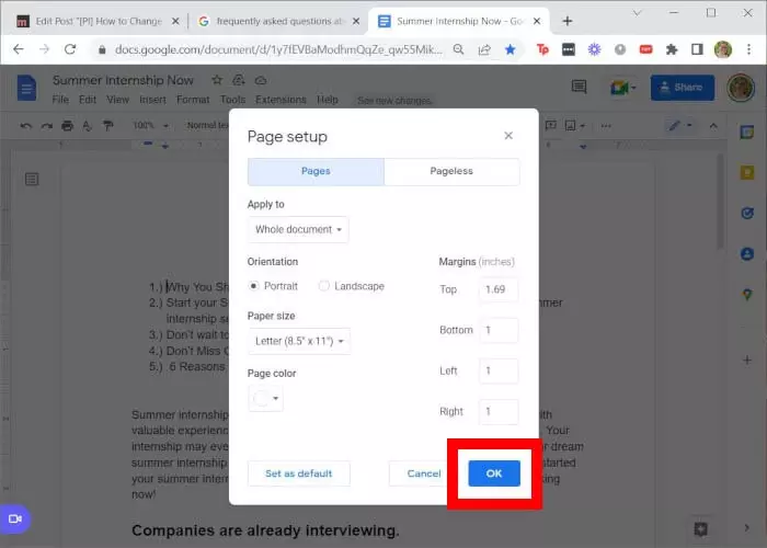 Настройка страницы Google Doc Margins в порядке