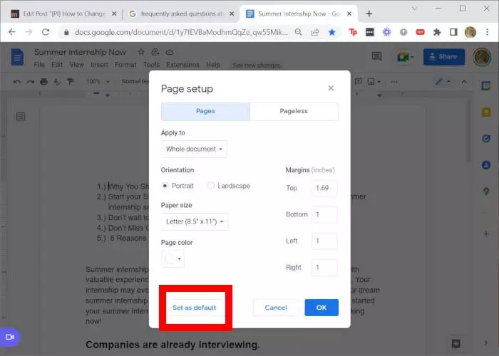 Настройка страницы полей Google Doc по умолчанию