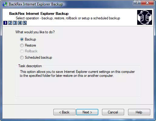 IE Backup Wizard Task Selection